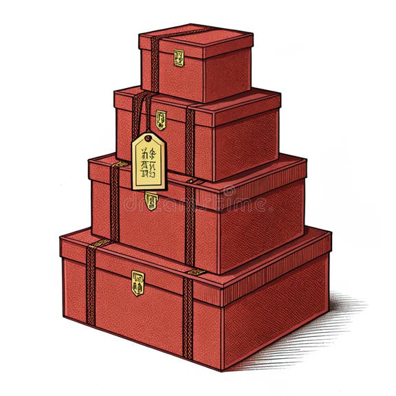 Stack of Red Gift Boxes with Gold Clasps and Tag Illustration Red Boxes ...