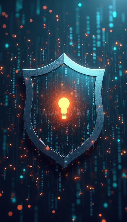 Illustration Shows Tech Shield with Data Protection. Light Bulb Inside ...