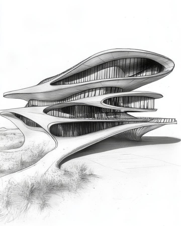 The Illustration Shows a Unique Architectural Structure in Line Art ...