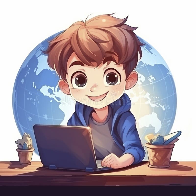 Illustration, Side View, Happy Cute Little Kid Doing Home School with ...