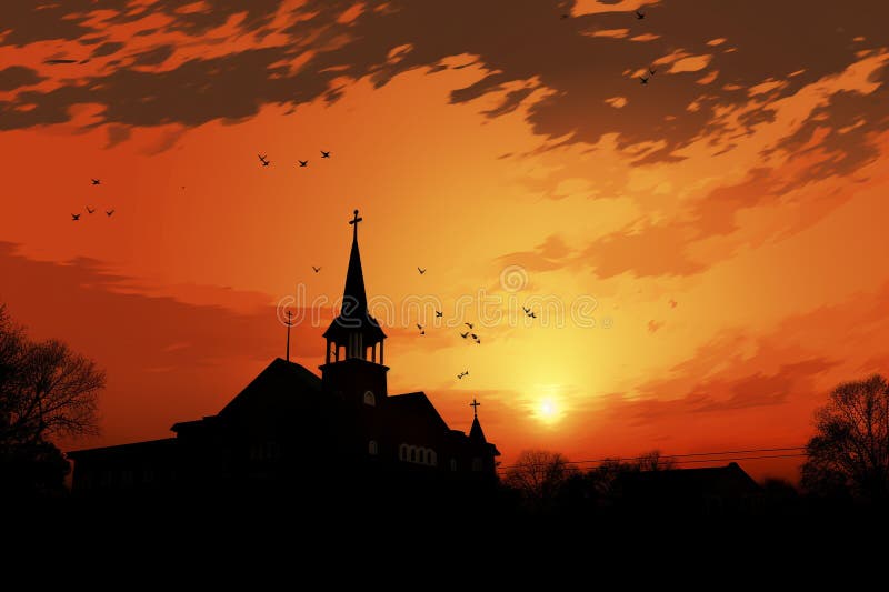 Illustration of Silhouette of Church at Sunset. Generative AI Stock ...