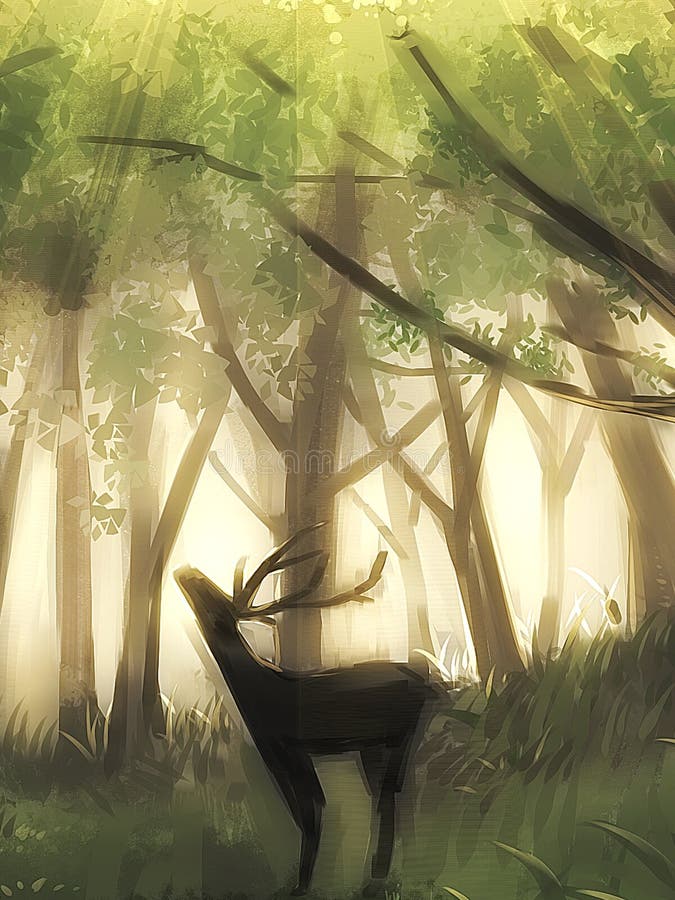 Illustration of the Silhouette of a Deer in the Shadow of a Forest ...