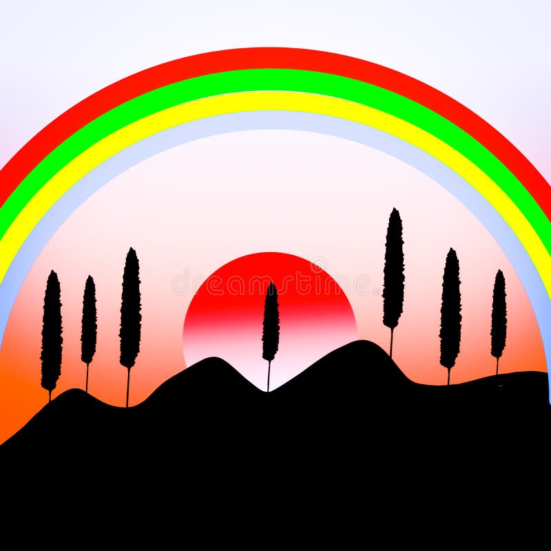 An Illustration Silhouette Trees and Rainbow Above the Sun Rising Stock ...