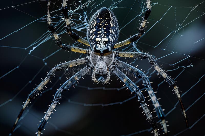 A Silver and Black Spider Hanging in Its Web on a Dark Background Stock ...