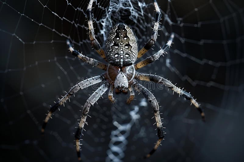 A Silver and Black Spider Hanging in Its Web on a Dark Background Stock ...