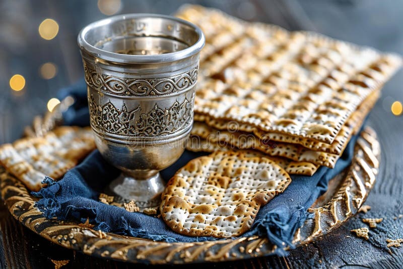 A Silver Cup Sits on a Cloth with Matzah Bread, High Quality, High ...