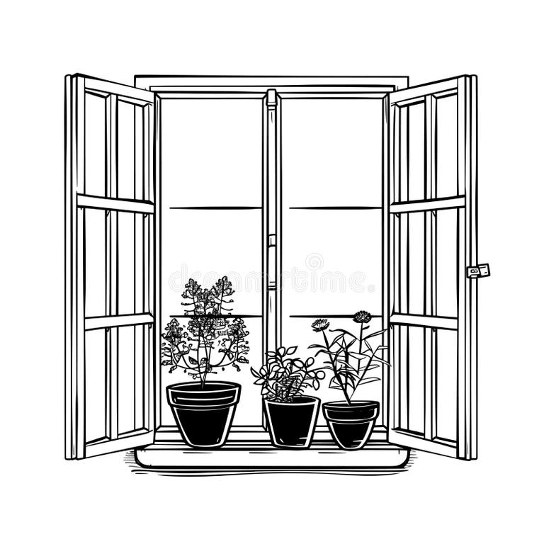 Featuring Simple Black Line Icon of an Open Window with Plants. Stock ...
