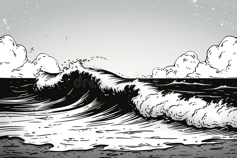 A Simple Black and White Style Drawing of an Ocean Wave on a Plain ...