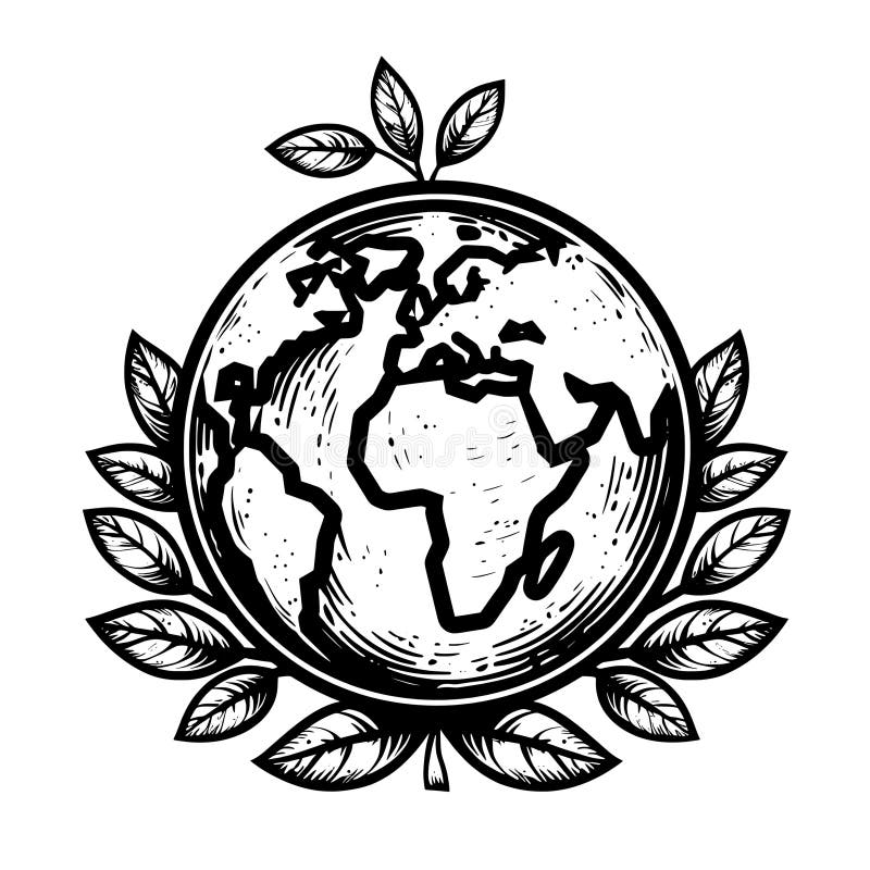 Featuring Simple Line Drawing Icon of the Earth with Leaves. Stock ...