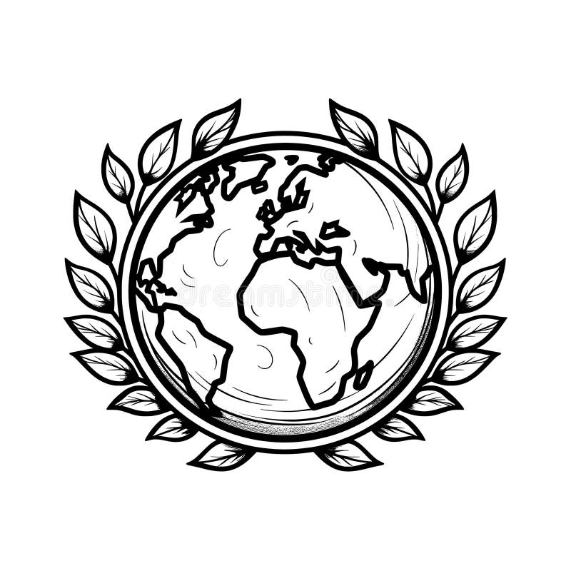 Simple Line Drawing Icon of the Earth with Leaves, White Background ...