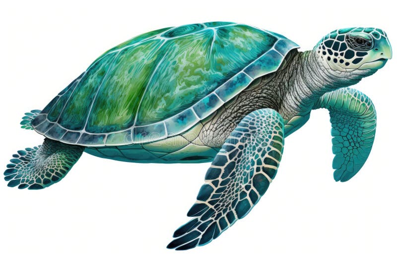 Illustration of a Single Green Sea Turtle on a White Backdrop Stock ...