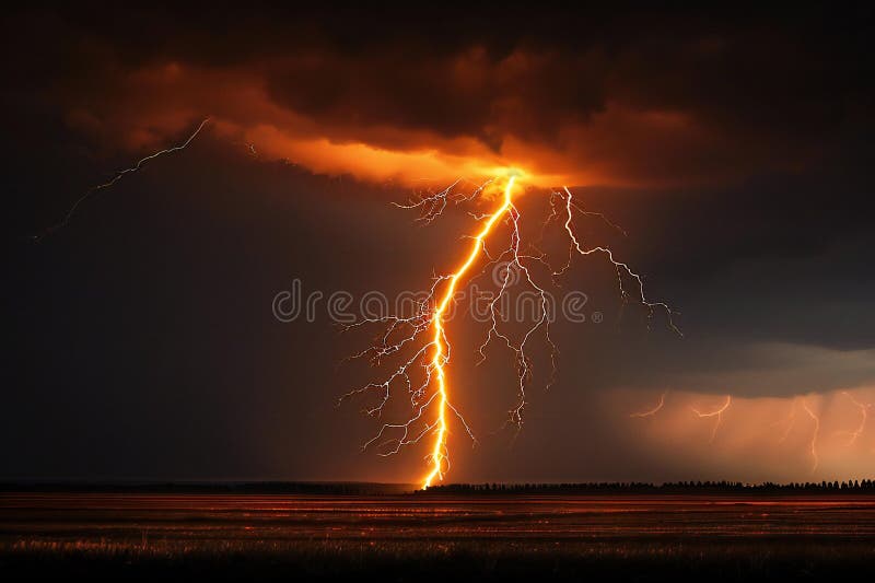 A Single Lightning Bolt Striking the Ground, Illuminating Dark Sky with ...