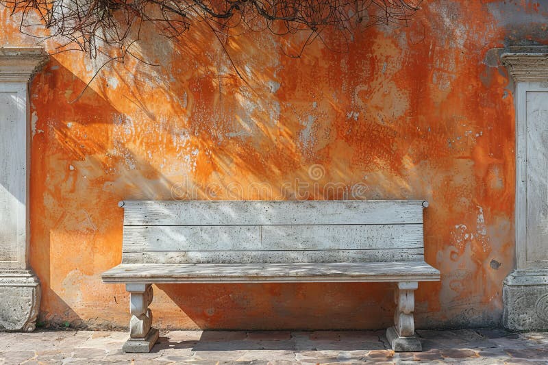 Sitting Bench on Orange Wall in the Sunlight, High Quality, High ...