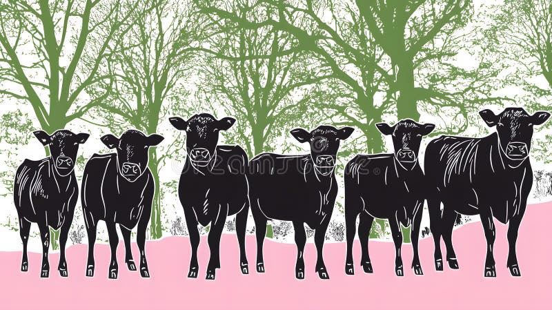 Illustration of Six Black Cows in a Serene Farm Setting Stock Photo ...