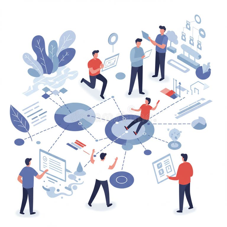 Illustration of Six Men Interacting with Digital Elements in an ...