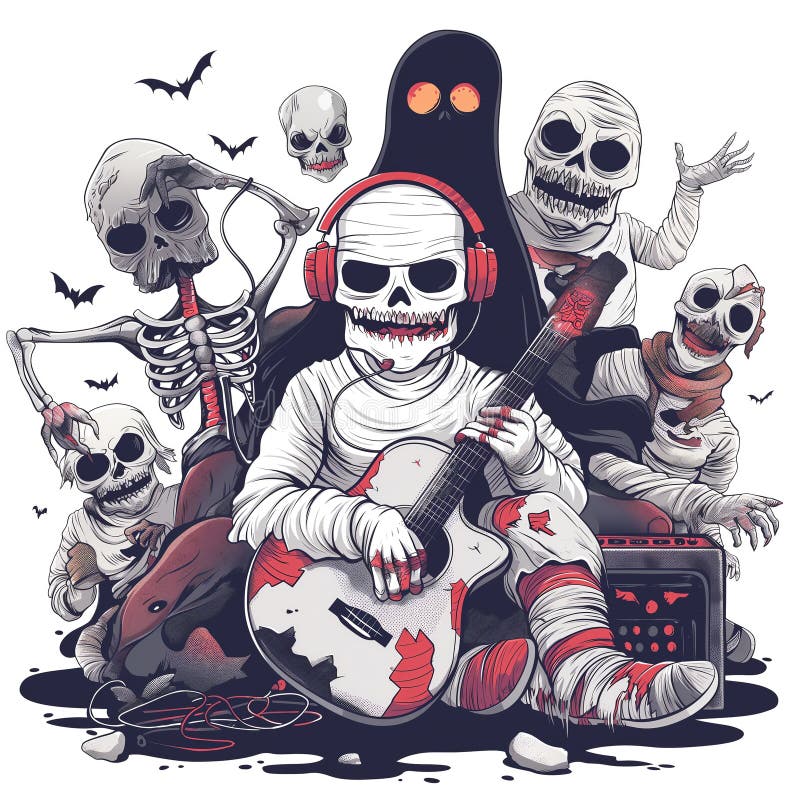 Illustration of Skeletons and Ghosts Jamming with Musical Instruments ...