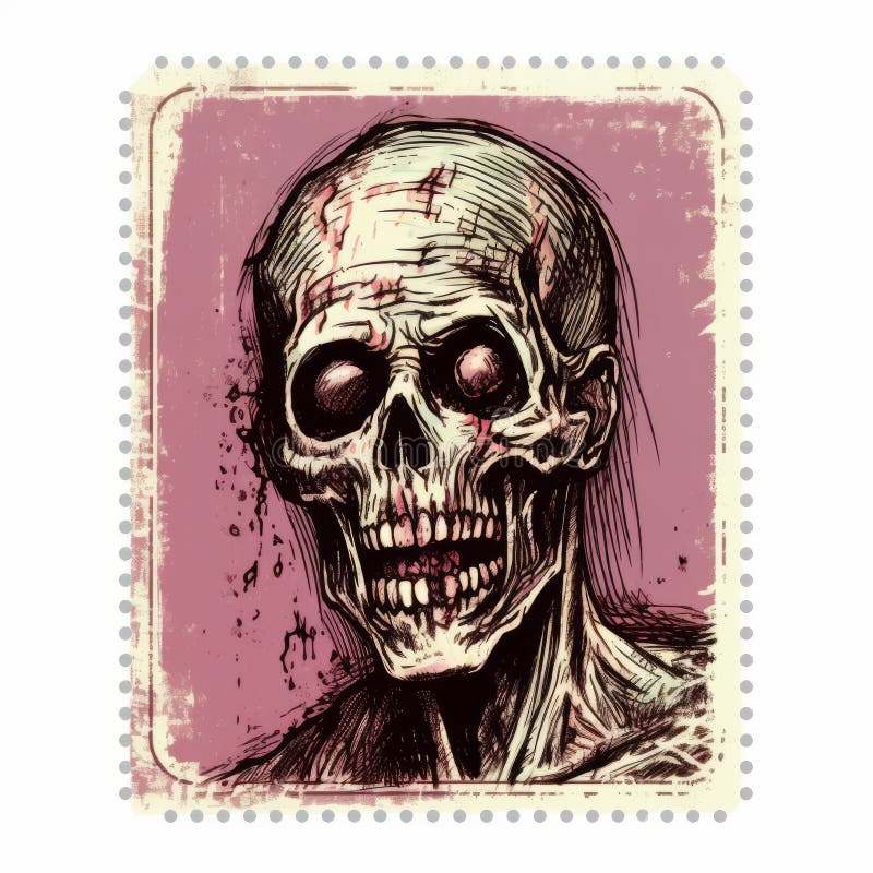 Eerily Realistic Vintage Stamp with Skeleton Head - Detailed Character ...
