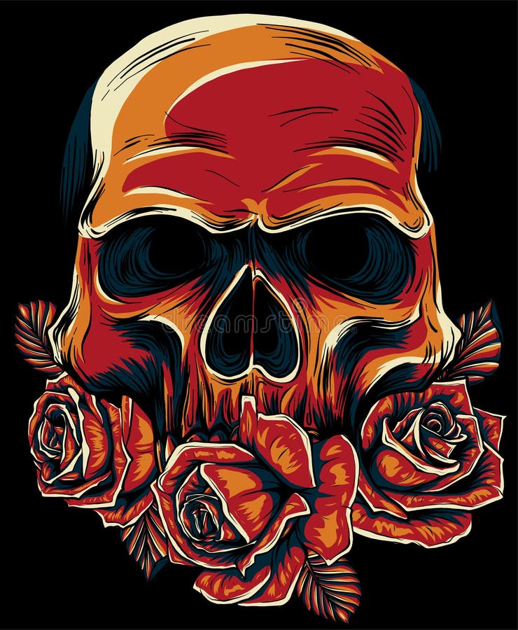 Vector Illustration of Skull with Roses on Black Background Stock ...