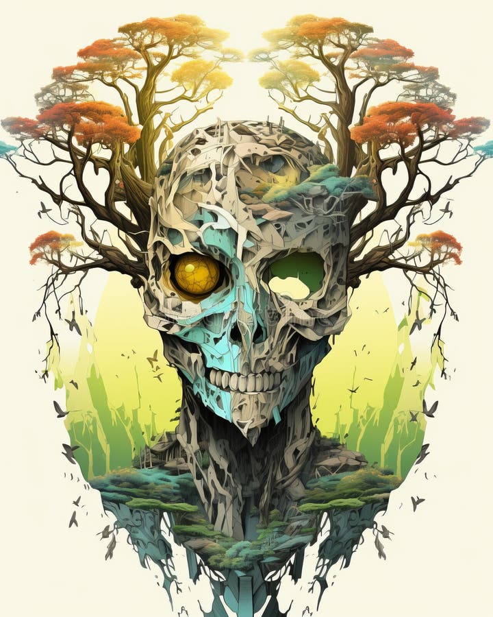 An Illustration of a Skull with Trees in the Background Stock Illustration - Illustration of ...