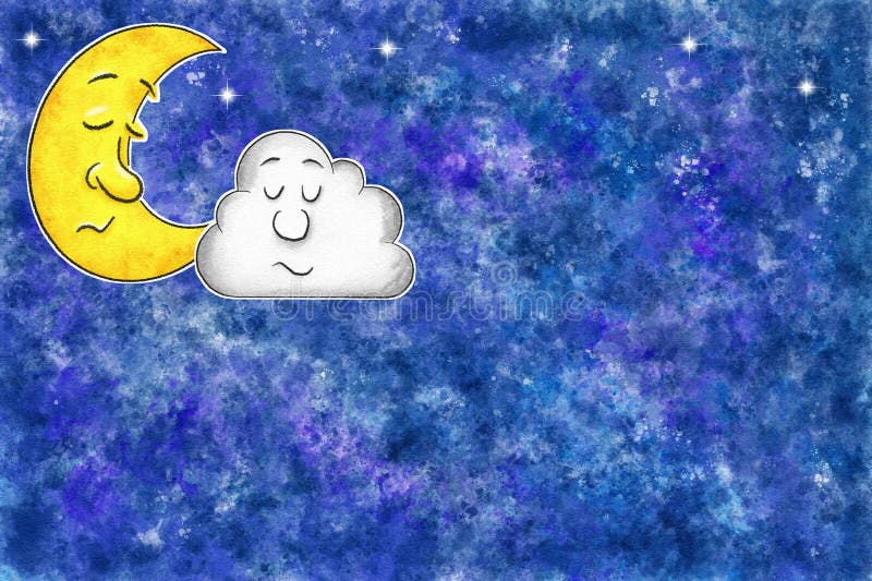 Illustration of Sleeping Cartoon Moon with Cloud in Watercolor Night ...