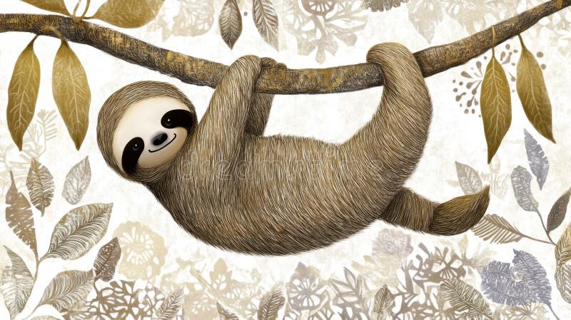 Illustration of a Sloth Hanging from a Branch with Decorative Leaves ...