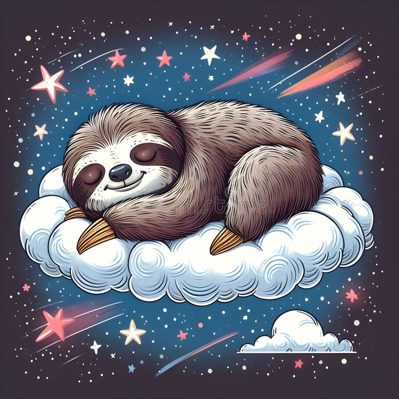 Sloth Sleeping on a Cloud on a Starry Night Stock Illustration ...