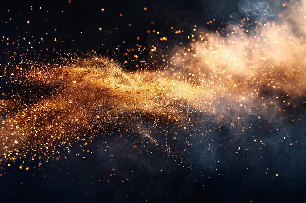 A Small Amount of Golden Dust Falling on Black Background, Panoramic ...