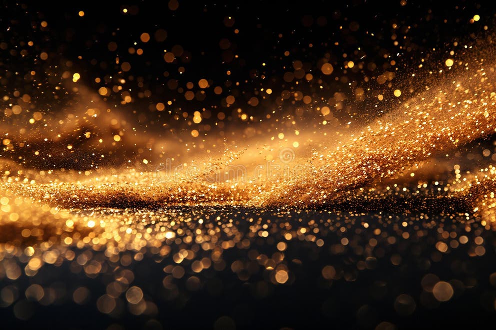 A Small Amount of Golden Dust Falling on Black Background, Panoramic ...