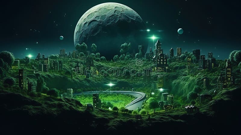 Illustration of a Small Green City on the Surface of the Moon with ...