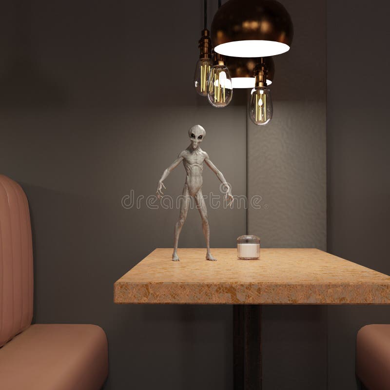 Illustration of a Small Grey Alien on a Table in a Restaurant Booth ...