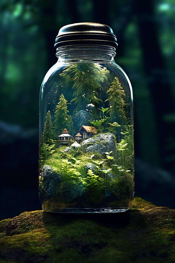 Small House in a Glass Jar in the Forest, Rendering Stock Illustration ...