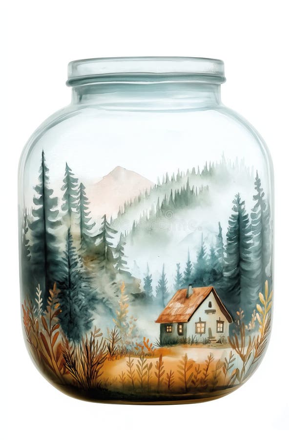 Illustration of a Small House in a Glass Jar with a Magic Forest Inside ...