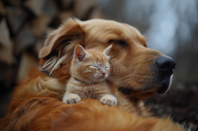 Illustration of Small Kitten and Big Dog Spending Time Together ...