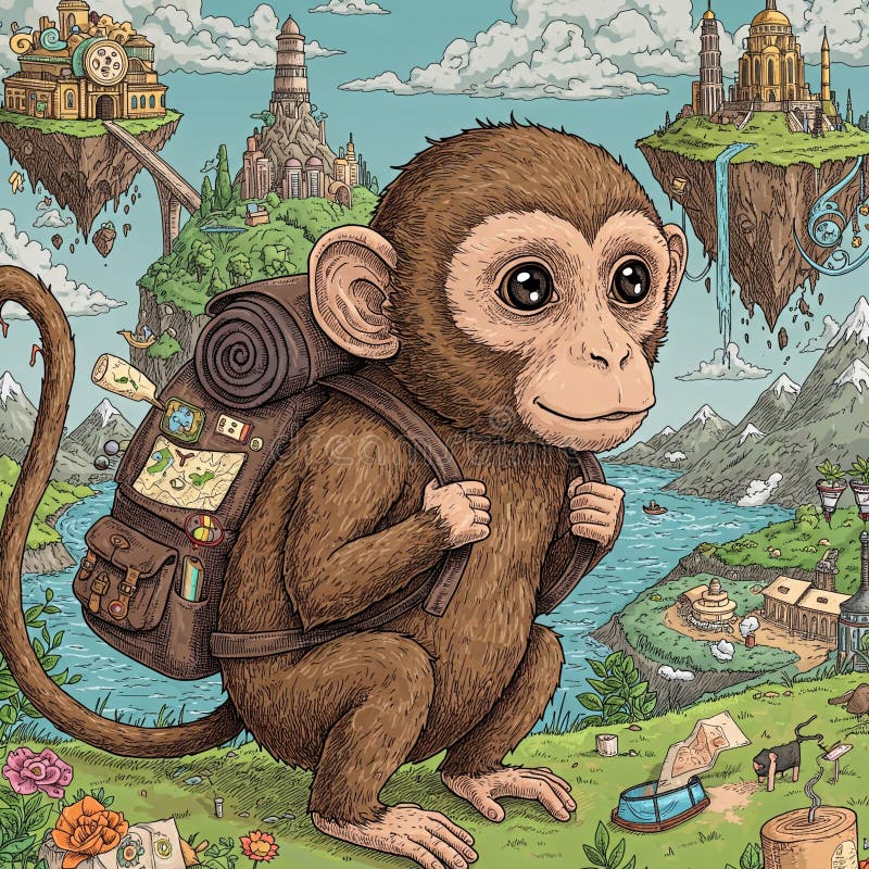 Illustration of Small Monkey Carrying Travel Backpack Exploring the World Stock Illustration ...