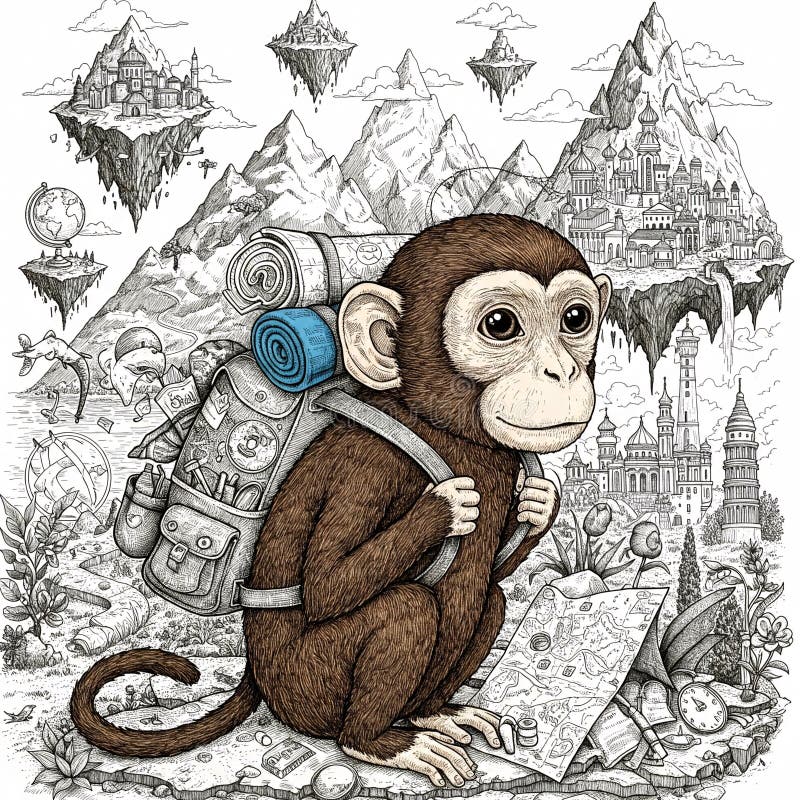 Illustration of Small Monkey Carrying Travel Backpack Exploring the World Stock Illustration ...