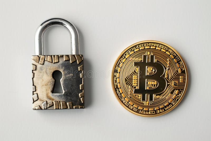 Small Padlock and Bitcoin Coin on White Background, Flat Lay, Front ...