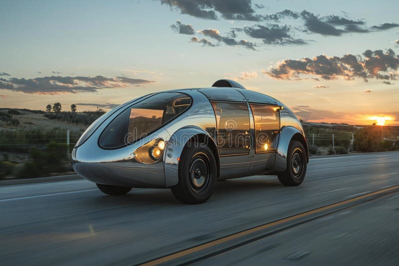 Small Silver Vehicle Driving on Road at Sunset, High Quality, High ...
