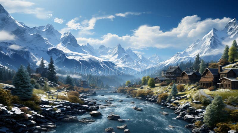 Illustration of Small Valley Town in Winter Season. Generative AI ...