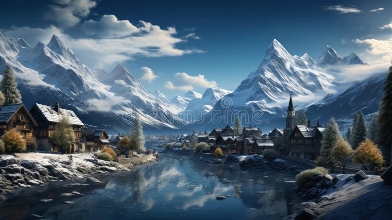 Illustration of Small Valley Town in Winter Season. Generative AI ...