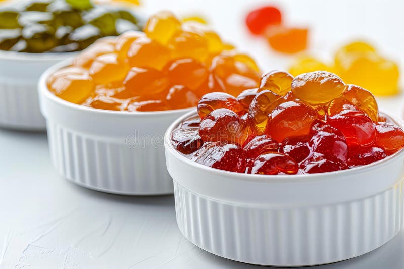 Small White Bowls with Different Colors of Jelly, Isolated on the White ...