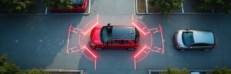 Illustration of Smart Car Parking Assist System from Top View. Red Car ...