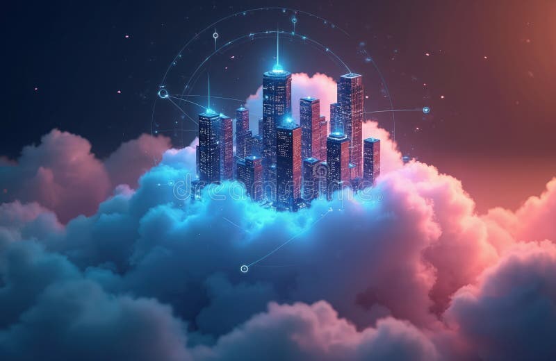 Illustration of Smart City Skyline Above Clouds with Glowing Network Connections. Concept of ...