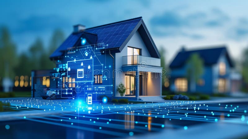 Illustration of a Smart Home with Digital Interface and Solar Panels at ...