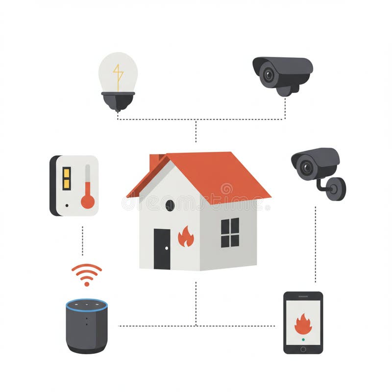 Illustration of a Smart Home Security System. a Central House Icon with a Flame Stock ...