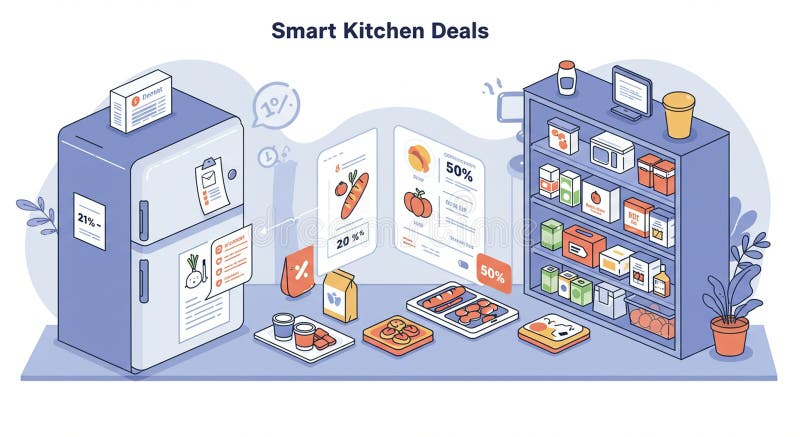Illustration of a Smart Kitchen Display with Interconnected Devices and ...