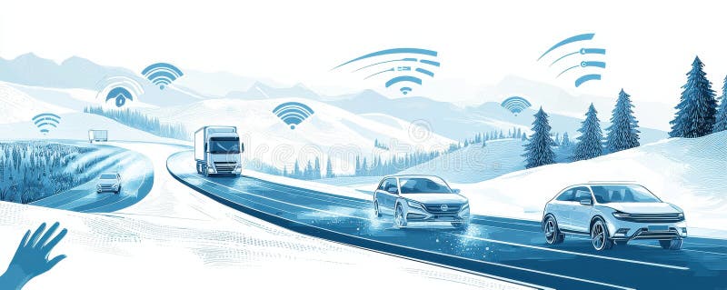 Illustration of Smart Vehicles Navigating through a Mountainous ...