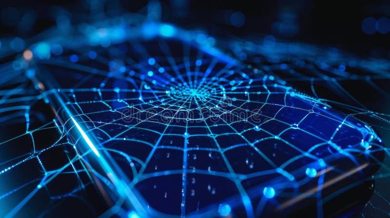 Blue Neon Spider Web Phone: Symbol of Digital Entrapment Stock ...