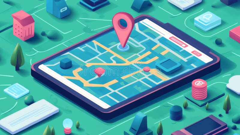 An Illustration of a Smartphone Screen Displaying a GPS Map with a Red ...