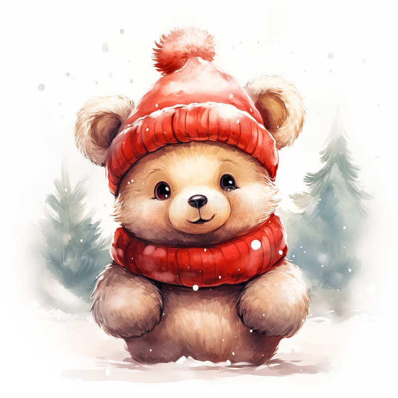 Illustration of Smiled Christmas Bear in Red Hat Stock Image - Image of ...
