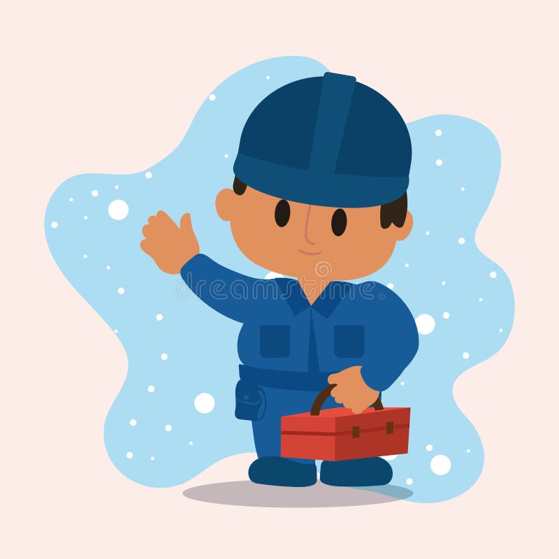 Cartoon Construction Worker Holding Toolbox and Waving, Vector Stock ...
